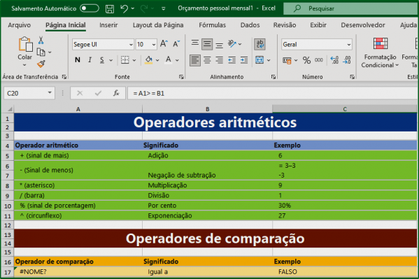 Como usar operadores de cálculo em fórmulas do Excel