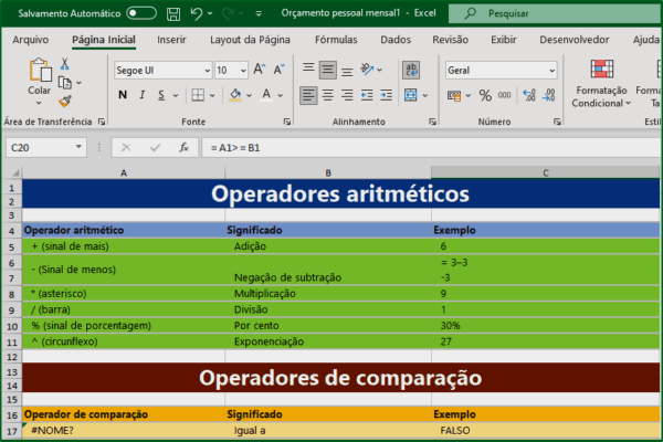 Como usar operadores de cálculo em fórmulas do Excel