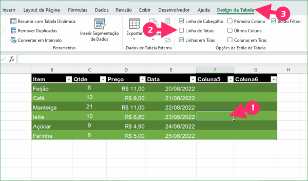Adicionar uma linha de total ou subtotal em uma tabela no Excel