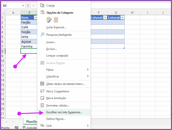 Selecionar dados em uma lista sem criar listas suspensas no Excel