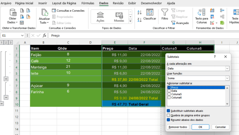 Adicionar uma linha de total ou subtotal em uma tabela no Excel